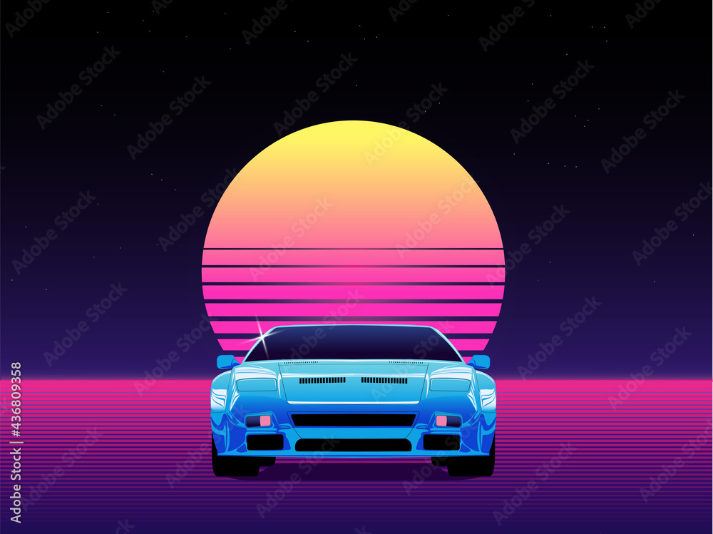 Synthwave, retrowave outrun style 80s poster with blue chrome retro ...