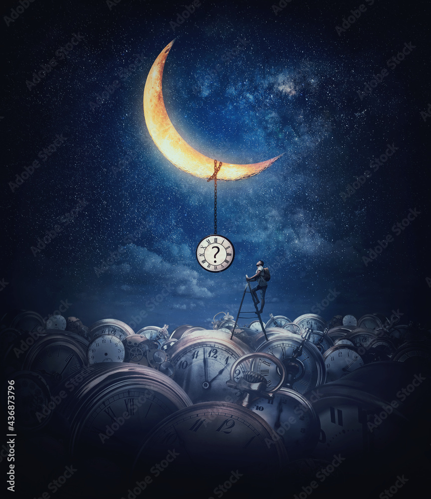 Stockillustrationen Surreal and magical night scene with a man climbing ...