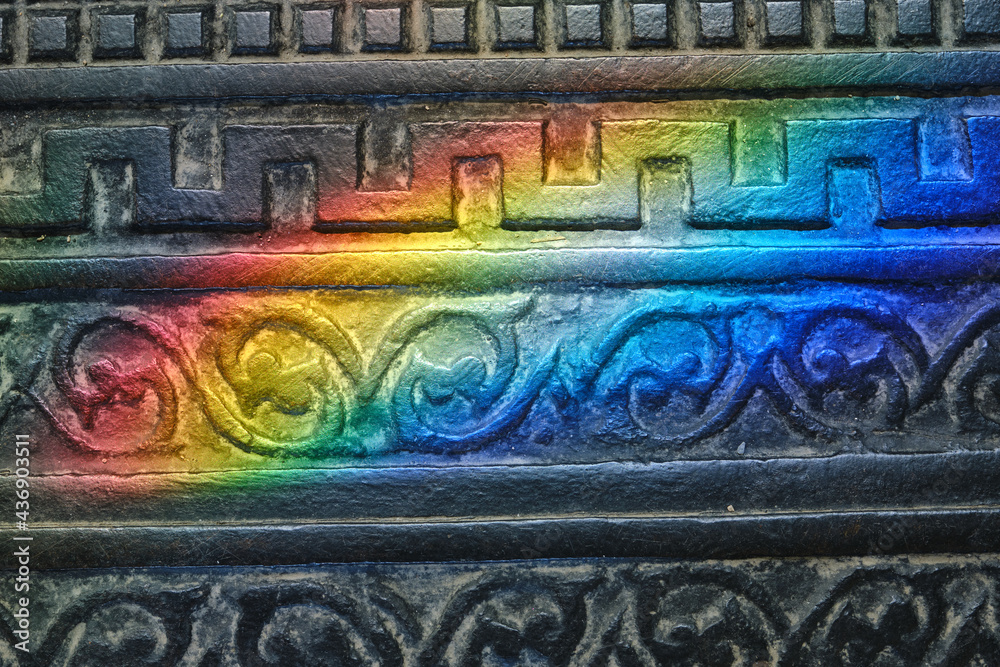 Detail of vintage cast iron floor or pavement with solar bunnies ...