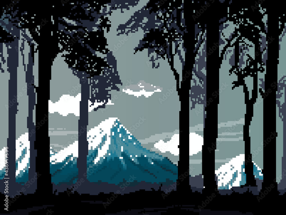 Pixel background with forest for games. Pixel art silhouette of forest ...