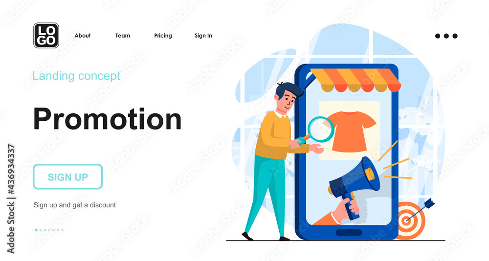 Promotion web concept. Man makes advertising campaign, attracts new ...