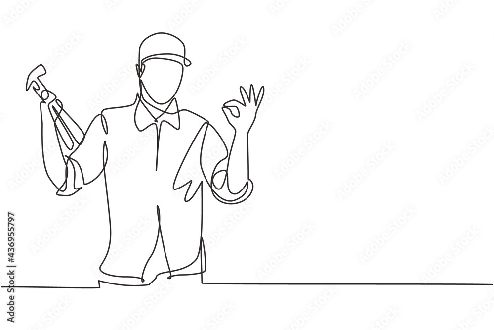 Single one line drawing of carpenter with gesture okay works in his ...