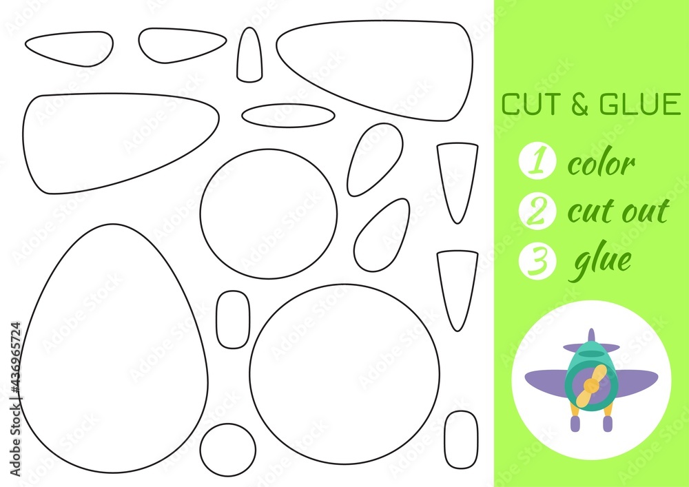 Color, cut and glue paper green airplane. Cut and paste craft activity ...