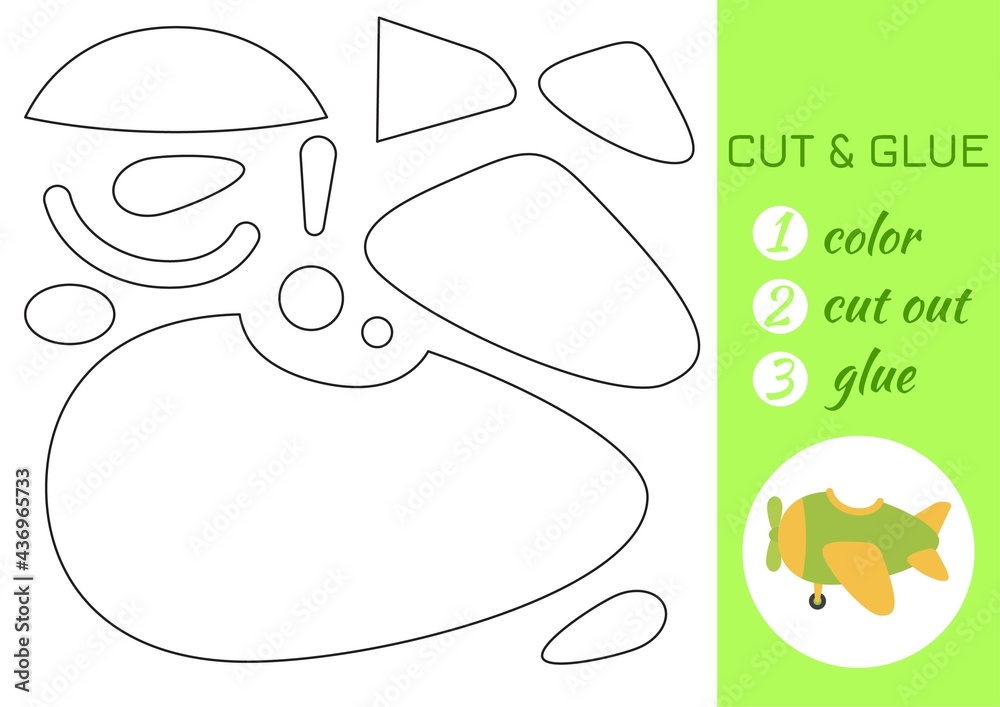 Color, cut and glue paper green airplane. Cut and paste craft activity ...