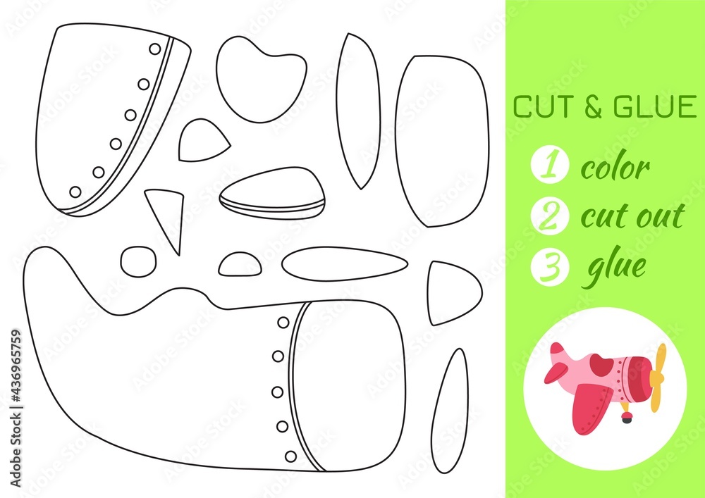 Color, cut and glue paper pink-red airplane. Cut and paste craft ...