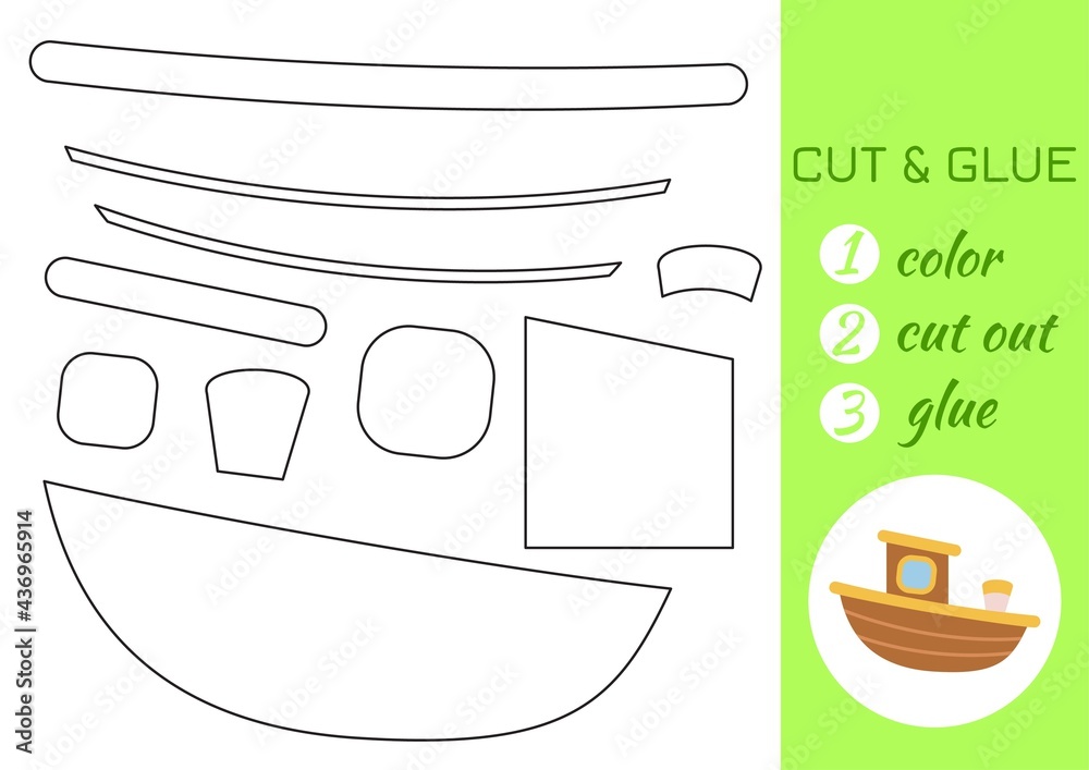 Color, cut and glue paper brown ship. Cut and paste craft activity page ...