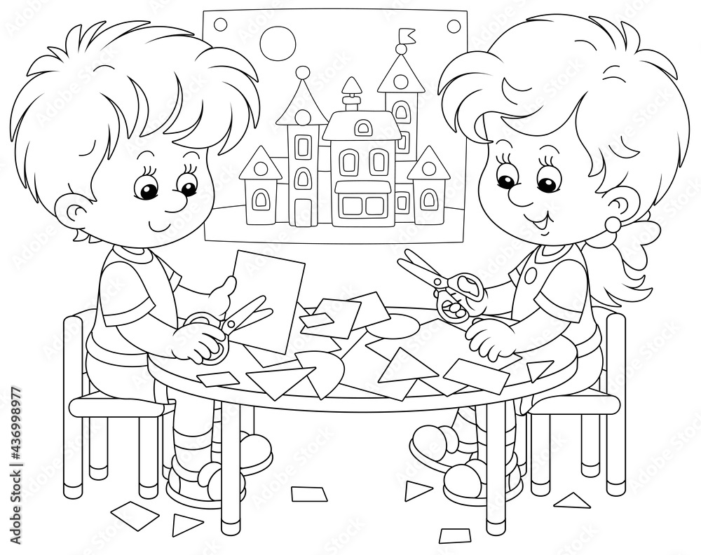 Happy little children cutting outlines and figures from paper with ...