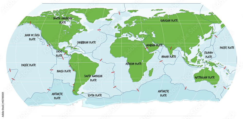 World Map Showing Tectonic Plates Boundaries Stock Vector Adobe Stock