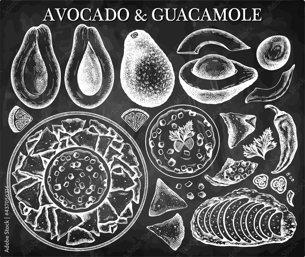 Set of chalk drawing guacamole, avocado, nachos, chili pepper, corn ...