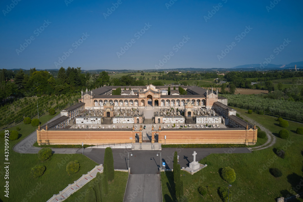 Traditional Italian cemetery, Cimitero di Pozzolengo, aerial view ...