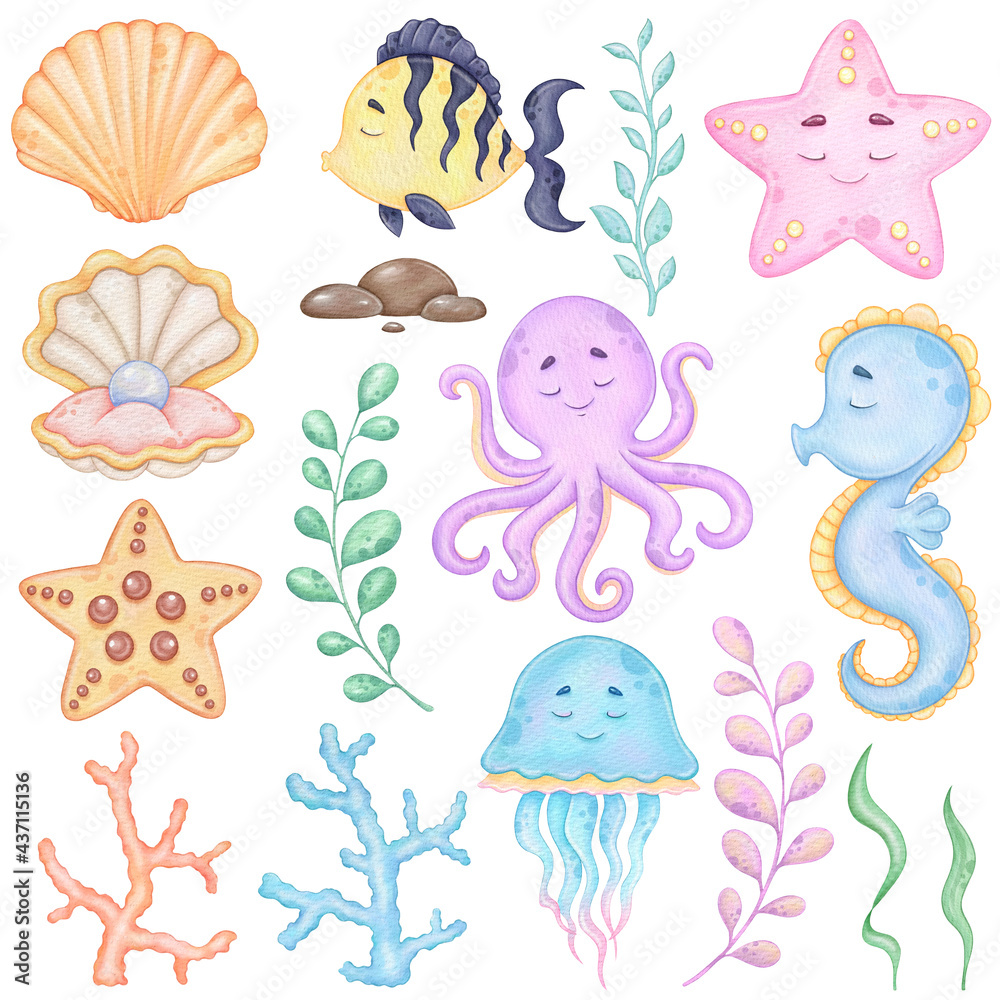 Watercolor underwater world clip art, Sea animals, Printable art Stock ...