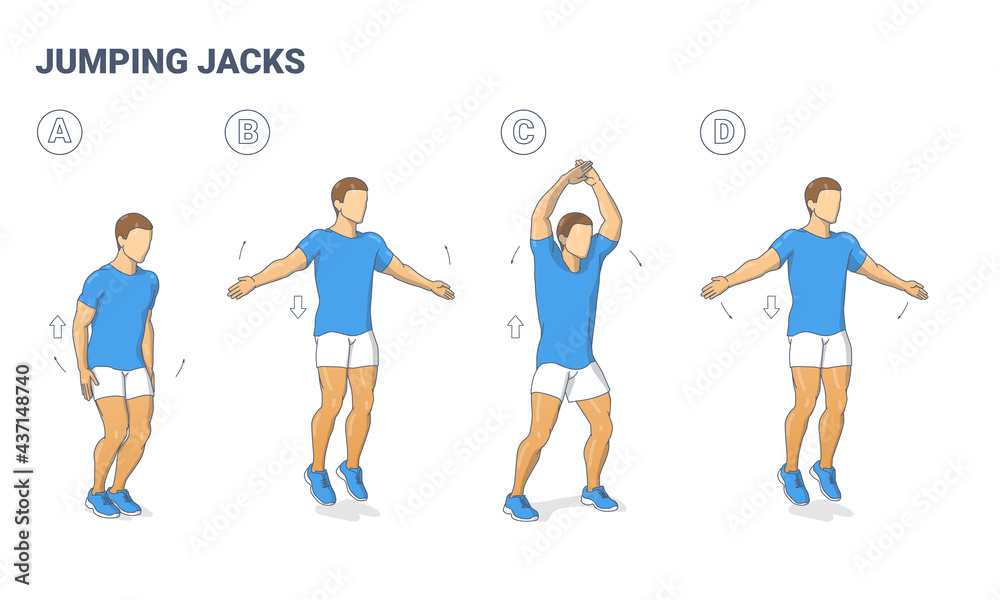 Guy Doing Jumping Jacks Home Workout Exercise Diagram. Athletic Man Star Jumps Fitness Illustration. Adobe Stock