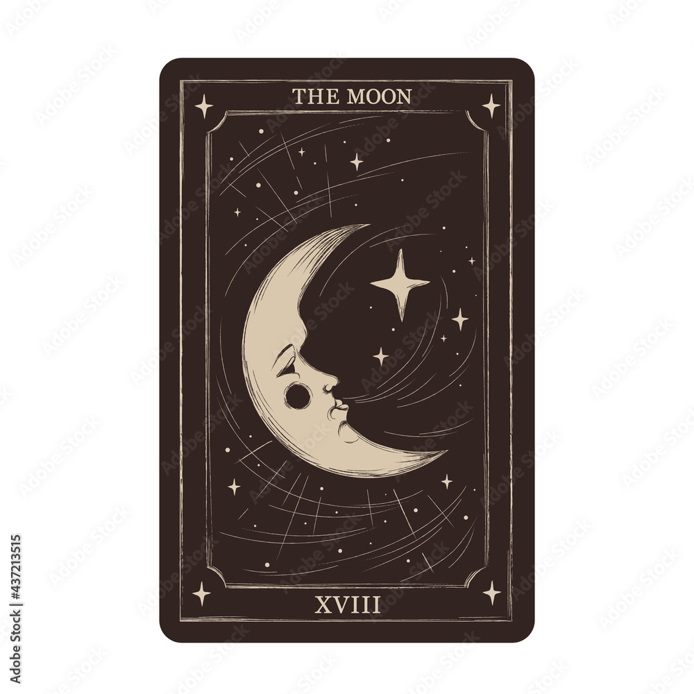 The Moon. Magic occult tarot card in vintage style. Engraving vector ...