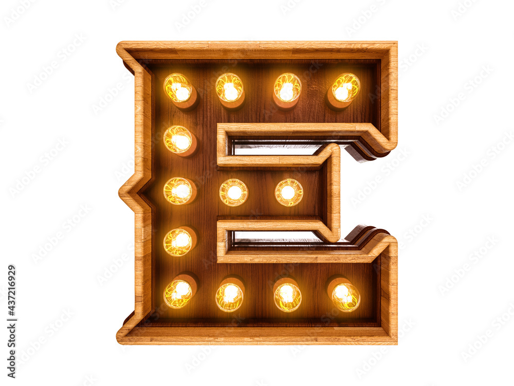 Letter E with realistic light bulbs and wood isolated on white ...
