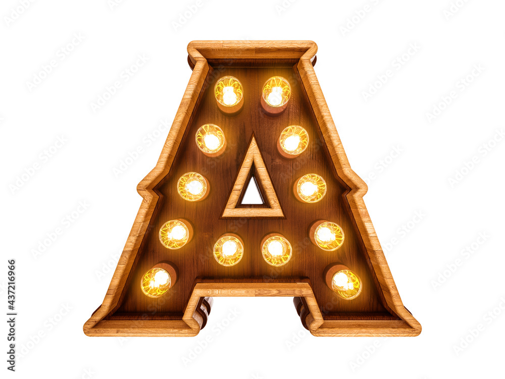 Letter A with realistic light bulbs and wood isolated on white ...