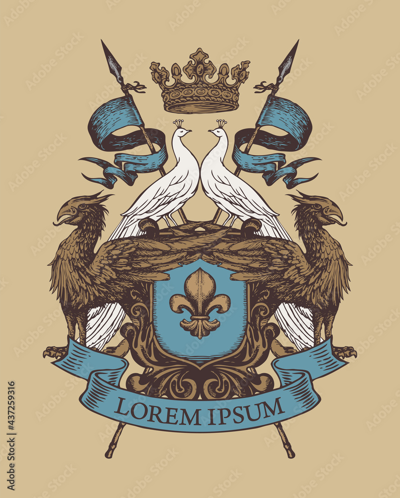 Medieval heraldic Coat of arms with griffins, white peacocks, knightly ...
