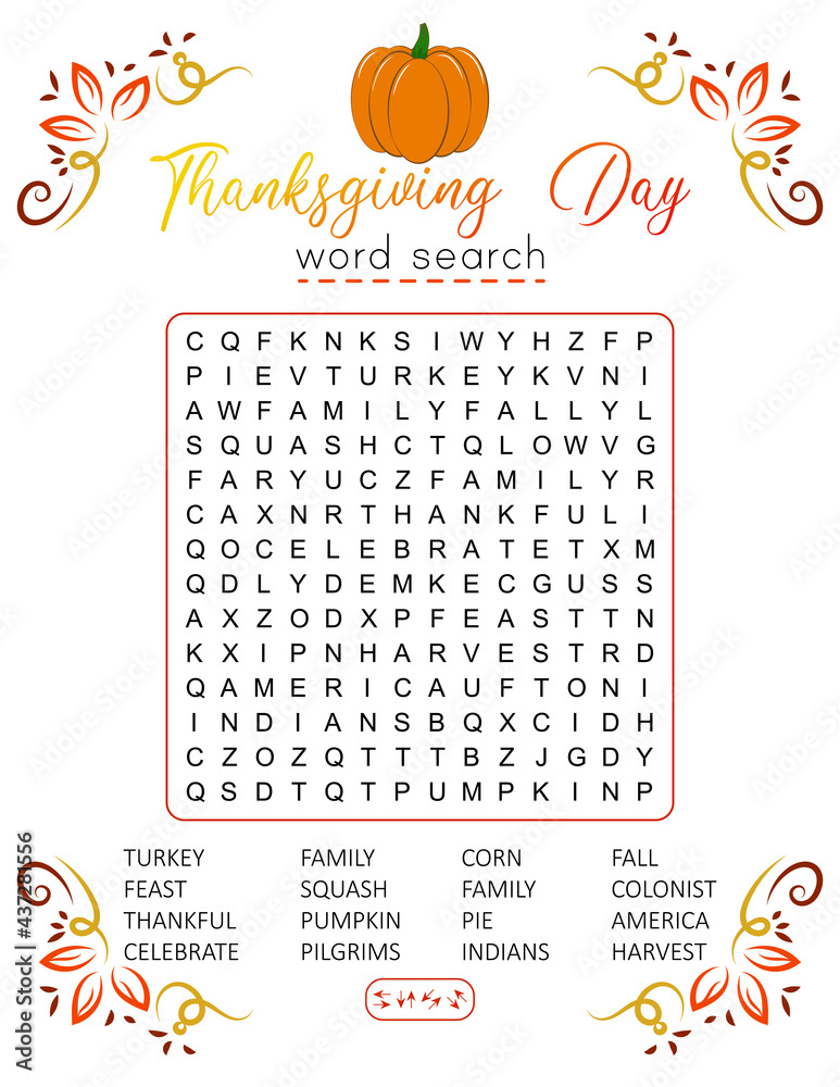 Thanksgiving Day word search puzzle. Logic game for learning English ...