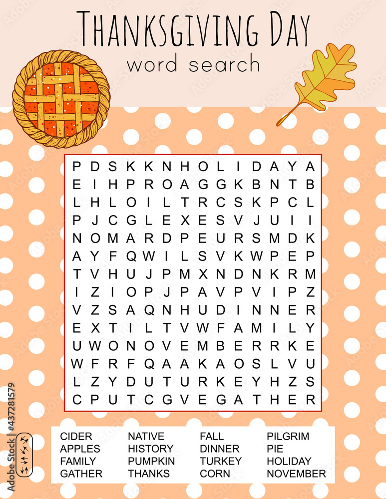 Thanksgiving Day word search puzzle. Logic game for learning English ...