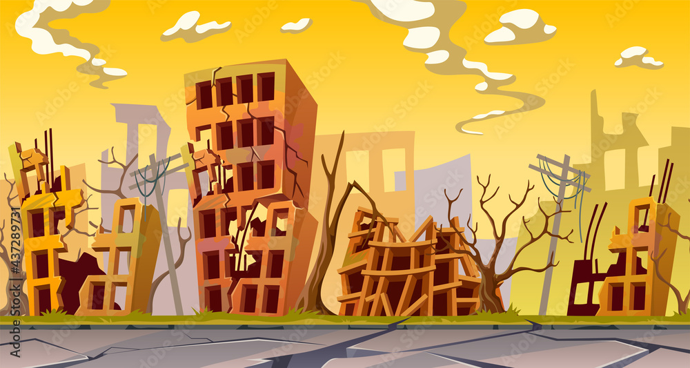 Destroyed buildings after earthquake, storm, tornado, natural disaster ...