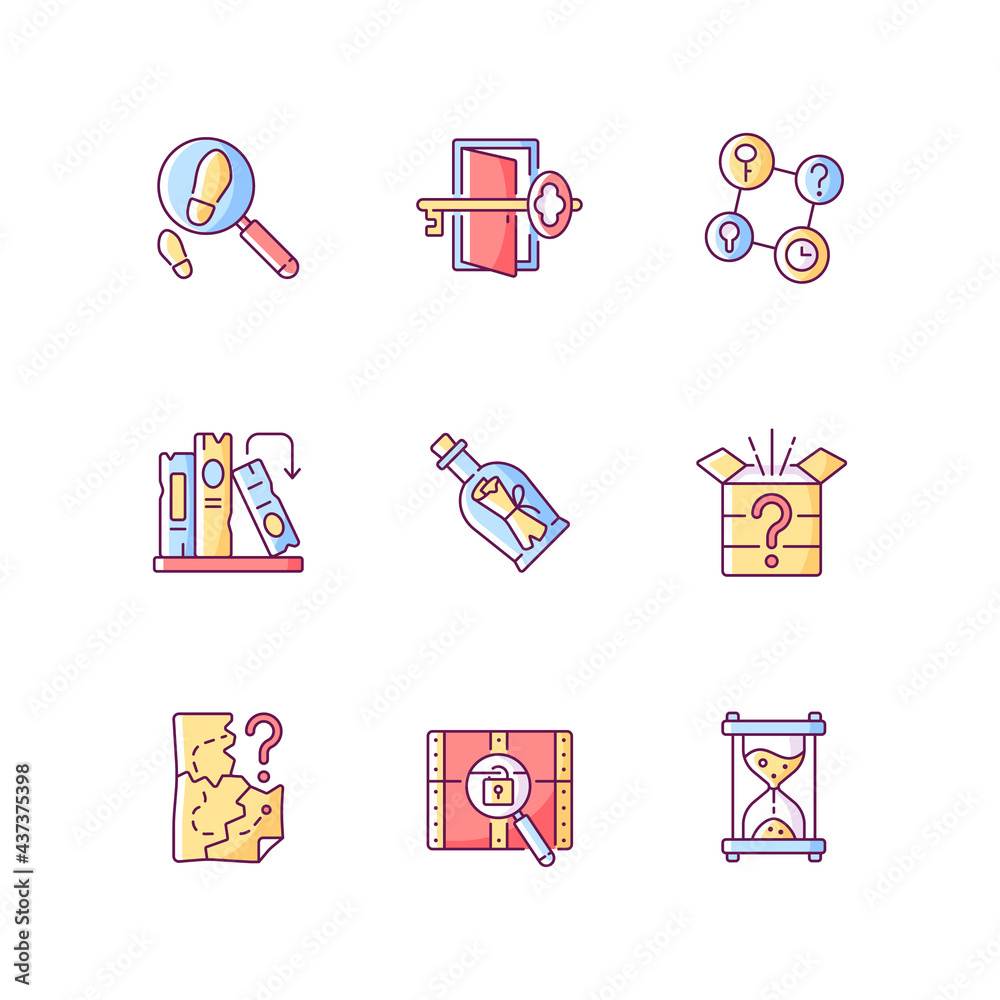 Puzzle solving RGB color icons set. Investigate footprints. Message in ...