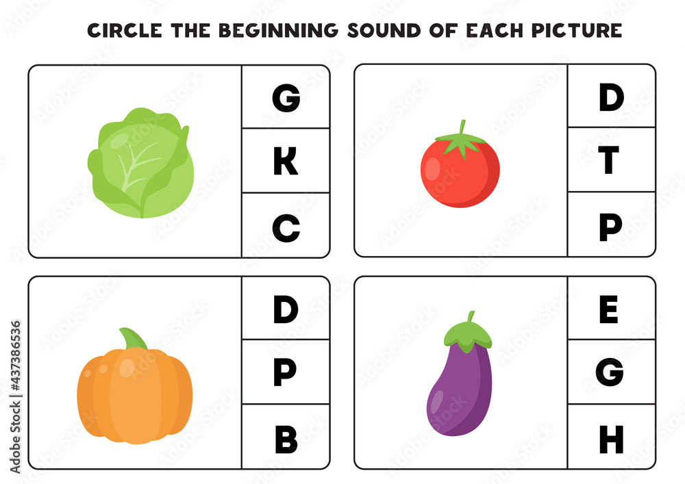 Worksheet for kids. Find the beginning sound. Cute vegetables. Stock ...