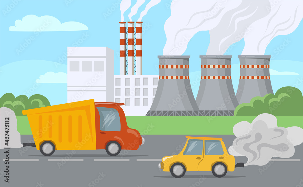Industrial landscape illustration. Chimney polluting air with toxic ...