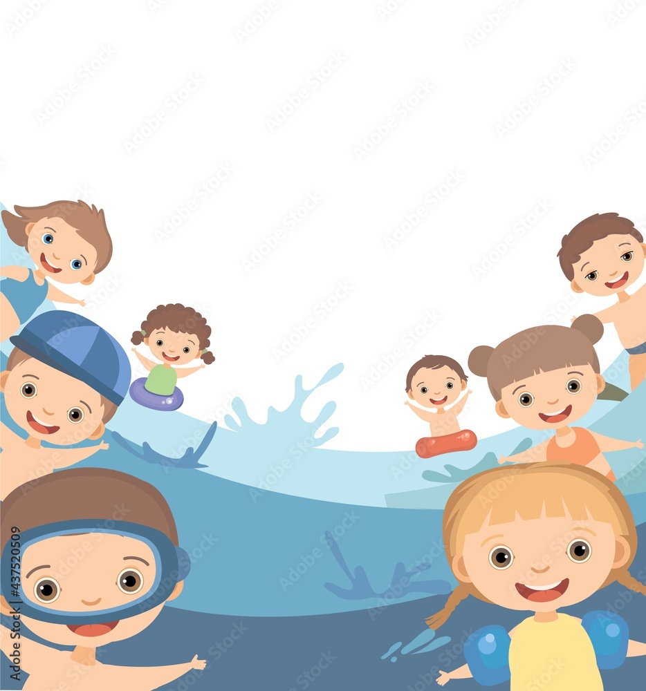 Children fun and splashing in water. Waves. Swimming, diving and water ...