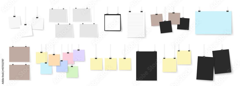 Posters on binder clips. Paper notes collection. Realistic vector ...