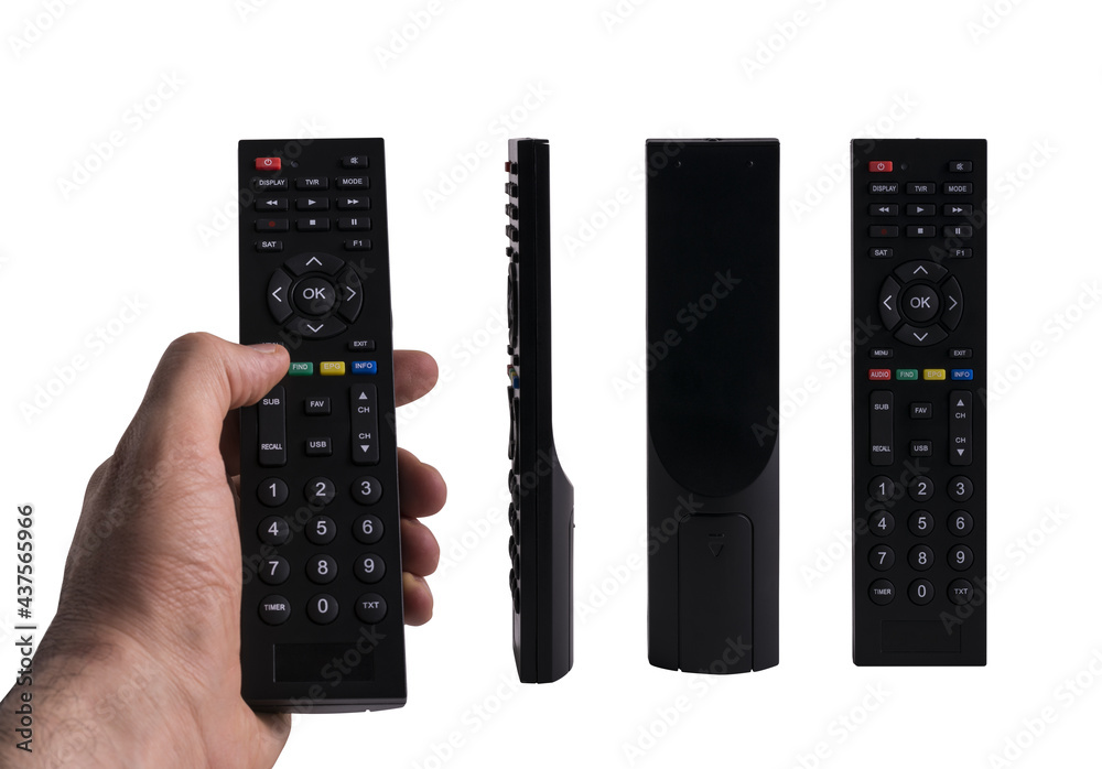 Hand holding a remote control and 3 different views of black remote ...