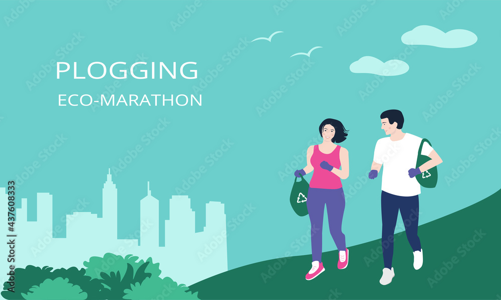 Vector illustration of banner for eco-marathon. Man and woman picking up trash during plogging ...