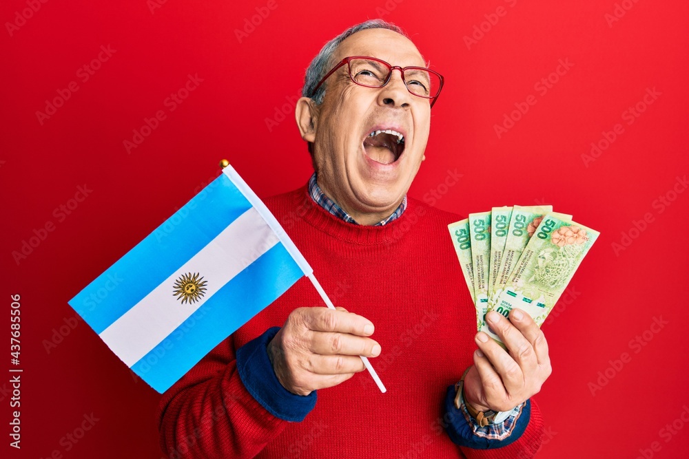 Handsome senior man with grey hair holding argentine flag and pesos ...