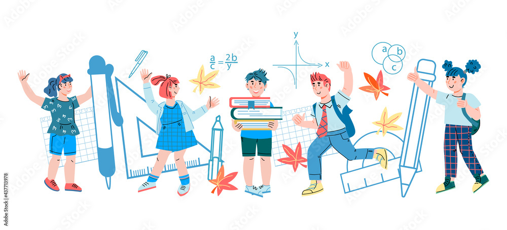 Back to school background with hand drawn school children characters ...