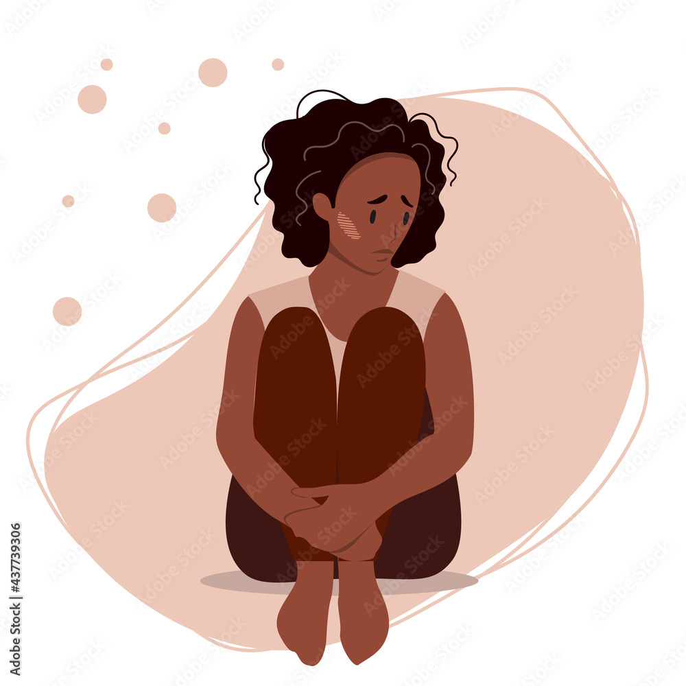 Sad woman sitting on the floor. Concept of mental disorder. Colorful ...