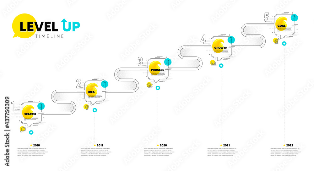 Level up timeline. Roadmap journey 5 steps. Research idea, growth chart ...