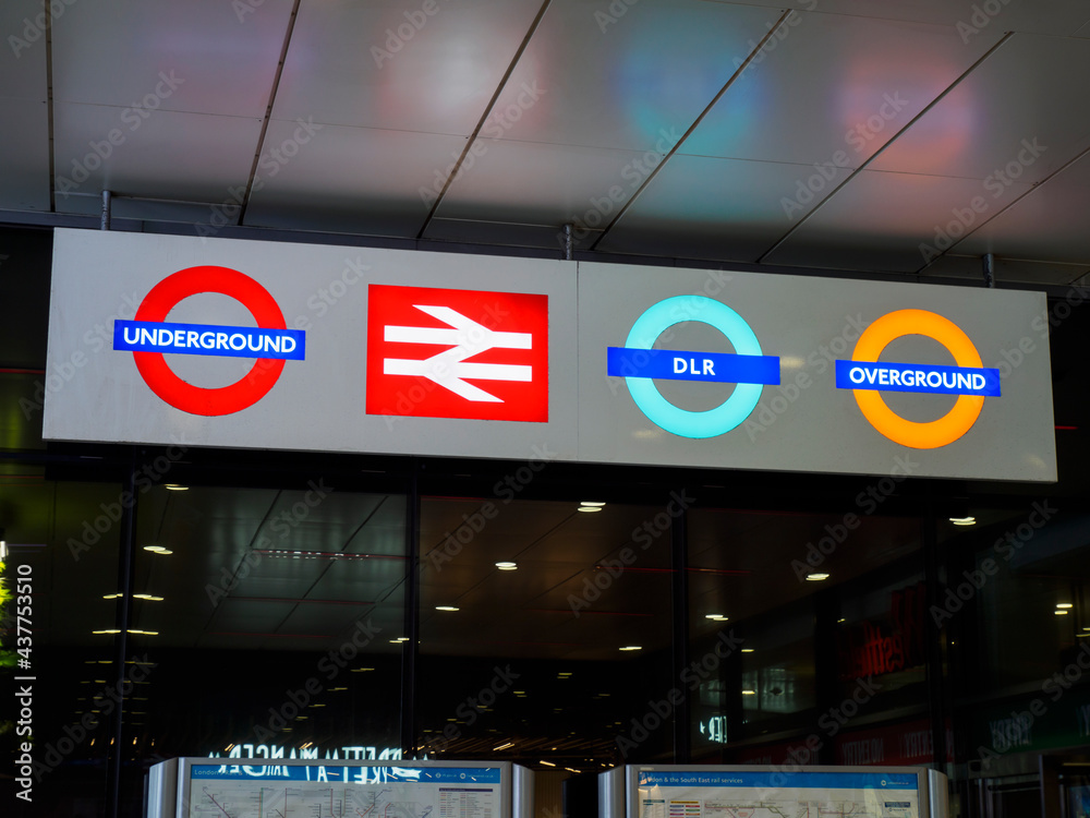 London, UK, June 6th 2021: Four railway logo signs at Stratford station ...