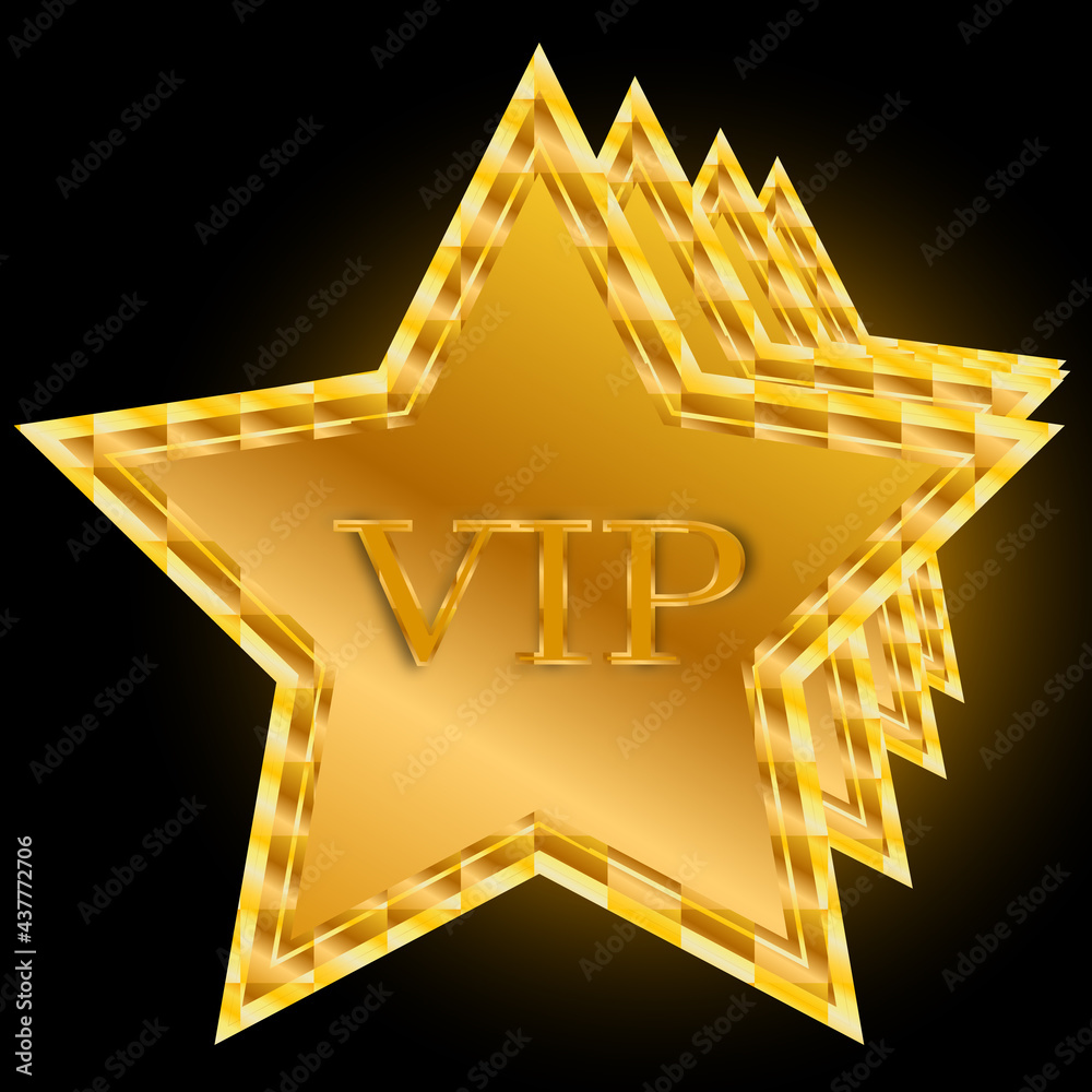 Gold five-pointed star with edging and the inscription VIP. A sign of ...