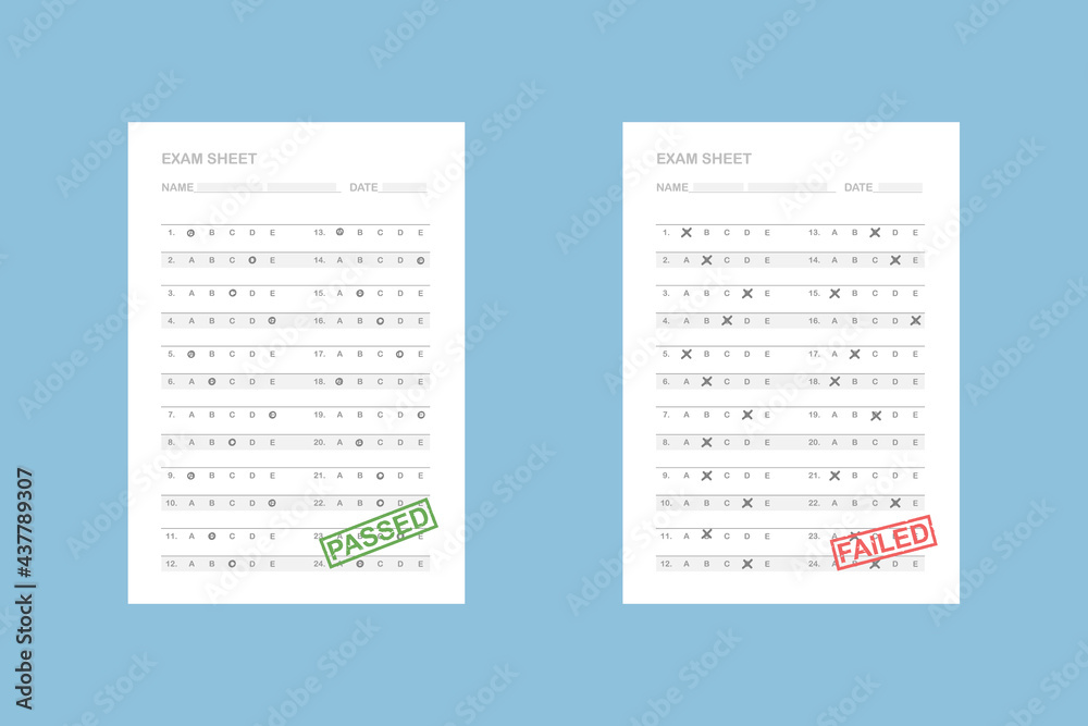 Passed and failed exam test, paper sheet pile with stamp. Good and bad ...