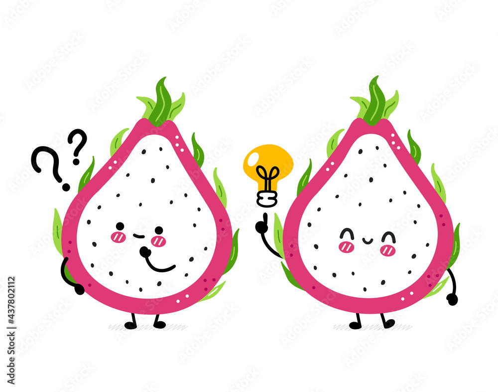 Cute funny dragon fruit with question mark and idea lightbulb. Vector ...