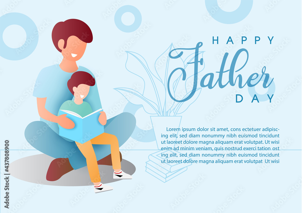 Father and his son reading a book together in cartoon character with ...