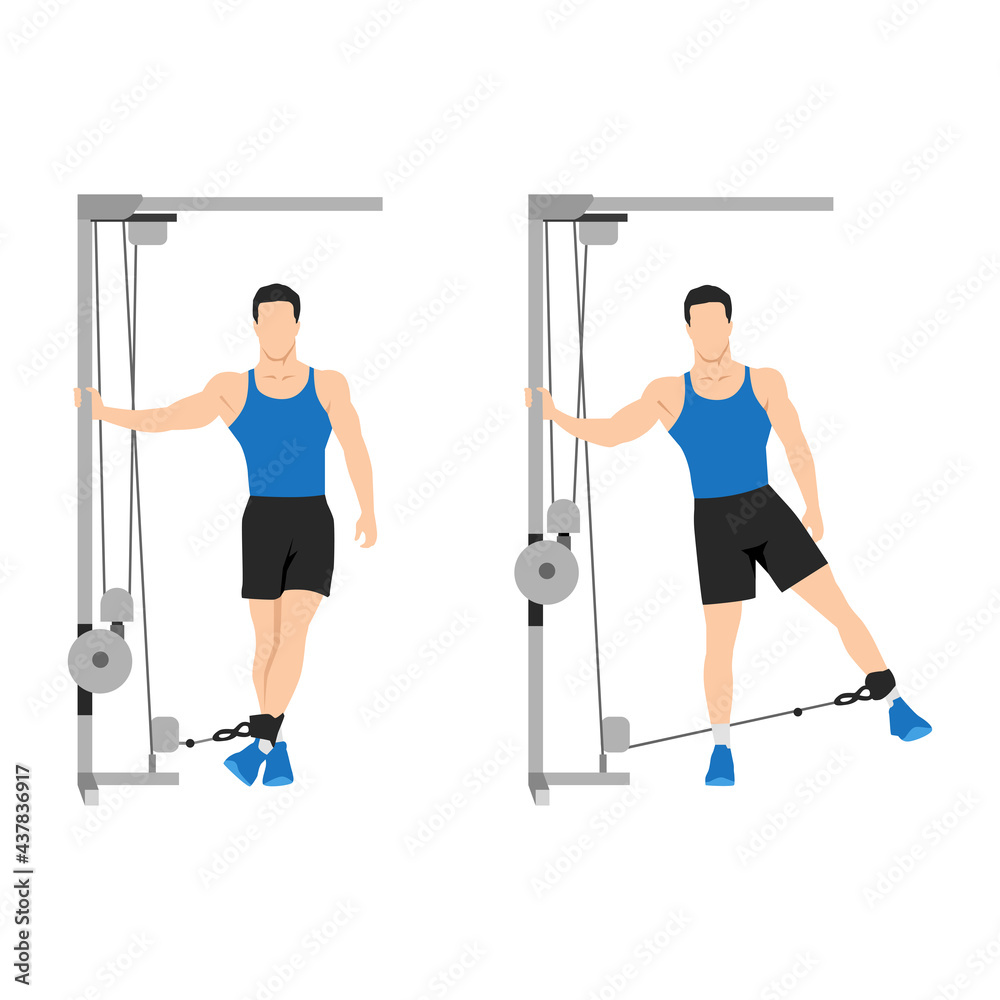 Man doing Cable hip abduction. adduction exercise. Flat vector ...