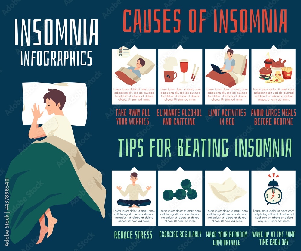 Infographic of insomnia causes and tips for beating, flat vector ...
