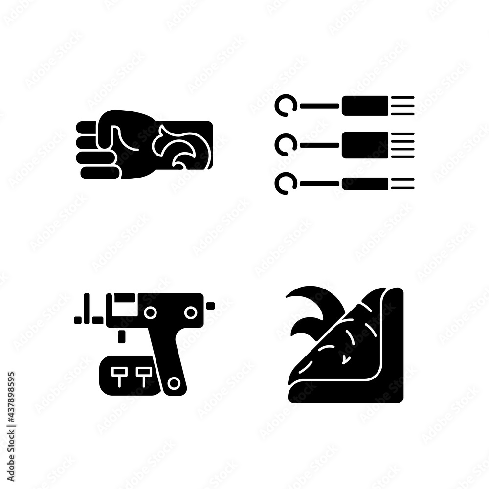 Tattoo and piercing tools black glyph icons set on white space. Special ...