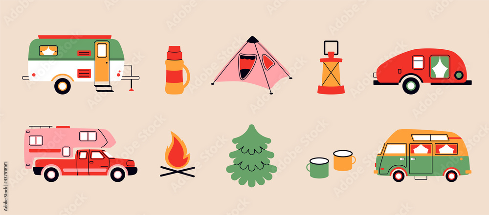 Caravan car. Cartoon Camper van, tourist tent and trailer for adventure ...