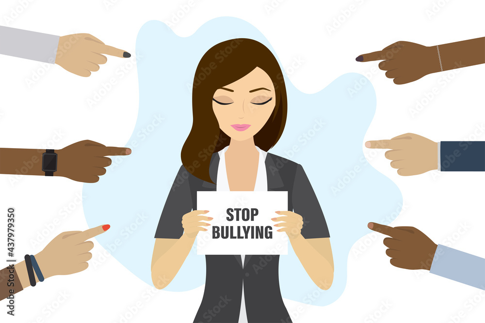 Ridicule or hate. Various hands point at female student. Placard with ...