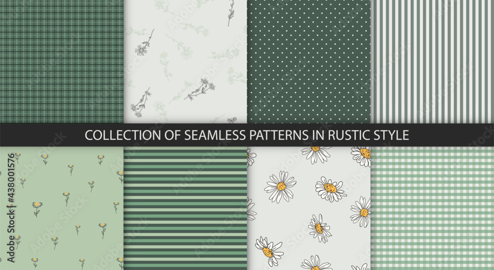 Collection of 8 pattern in rustic style. Plaid, dots, strips and daisy ...