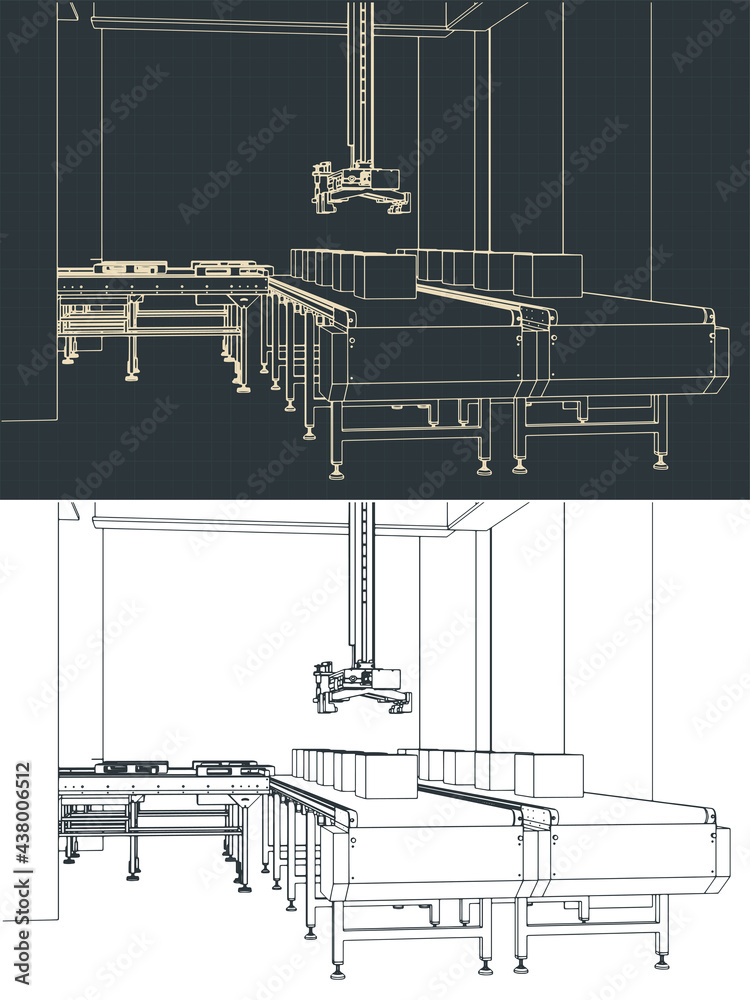 Conveyor line and robotic manipulator drawings Stock Vector | Adobe Stock