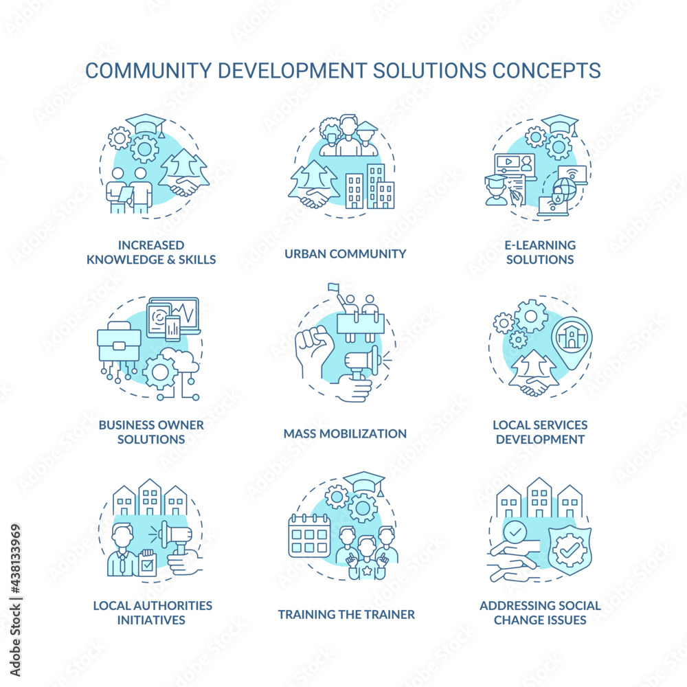 Community development solutions concept icons set. Local authorities ...