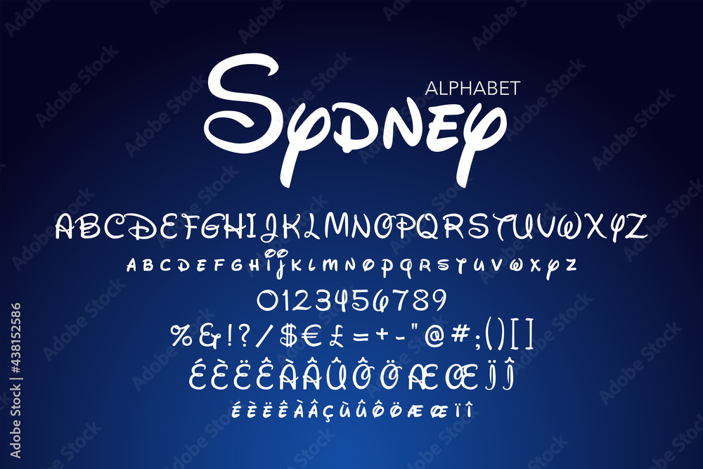 White fancy script alphabet on dark blue background for kids logos ...