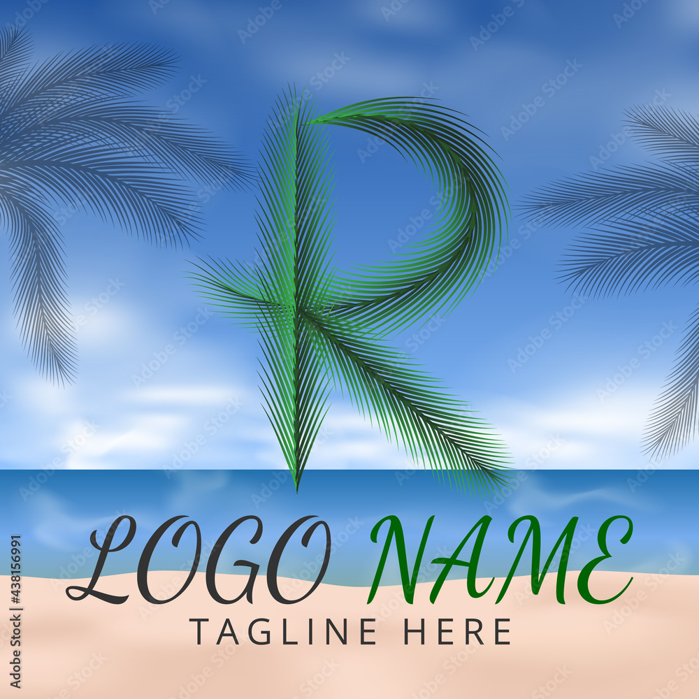 Letter R Logo Simbols Green tropical coconut leaf with creative summer ...
