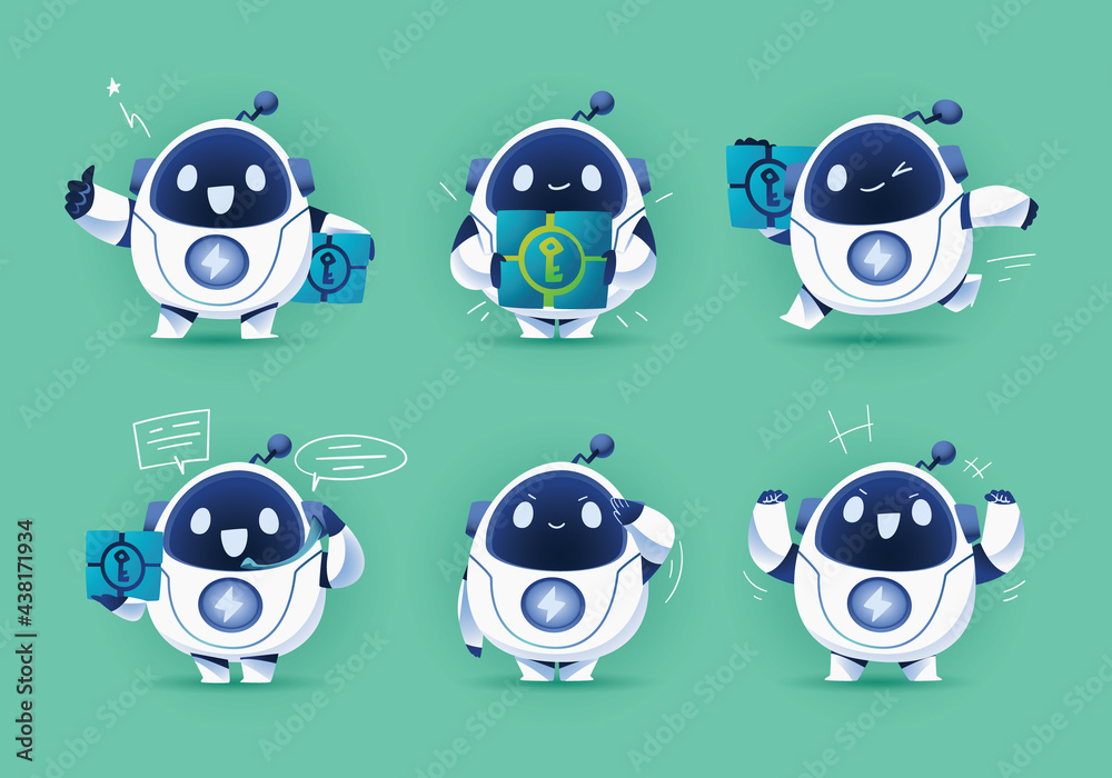 set of white fat modern robot mascot character delivery object Stock ...